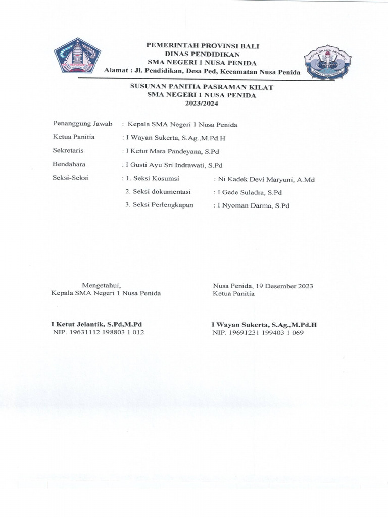 Susunan Panitia Pasraman Kilat SMAN 1 Nusa Penida 2023-2024 | PDF