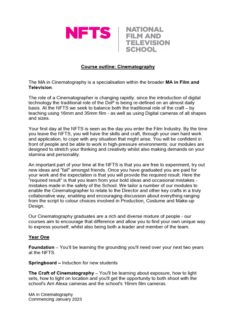 Cinematography MA Course Outline 2023 | PDF