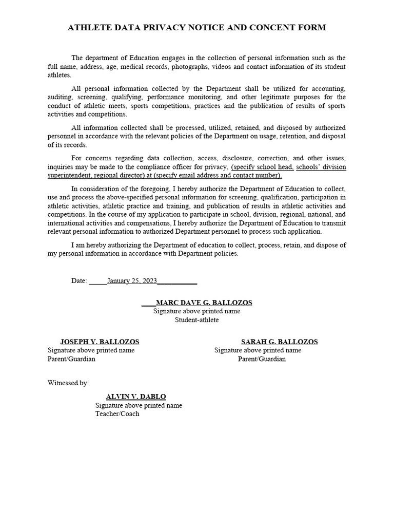 Athlete Data Privacy Notice and Concent Form | PDF