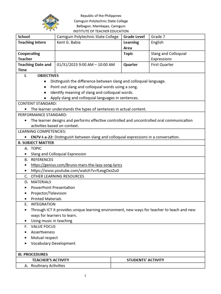 Lesson Plan TTl (AutoRecovered) | PDF | Slang | Learning