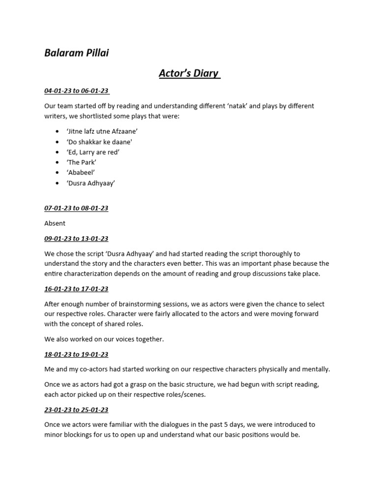 Balaram Pillai Actor's Diary | PDF | Cognitive Science