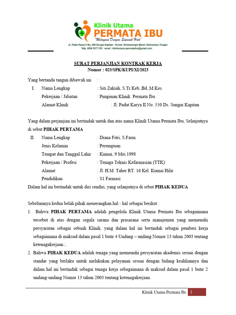 Surat Perjanjian Kontrak Kerja (Elman) | PDF
