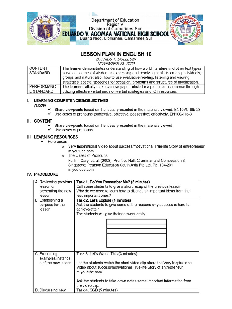Lesson Plan in English 10 | PDF | Learning | Cognition