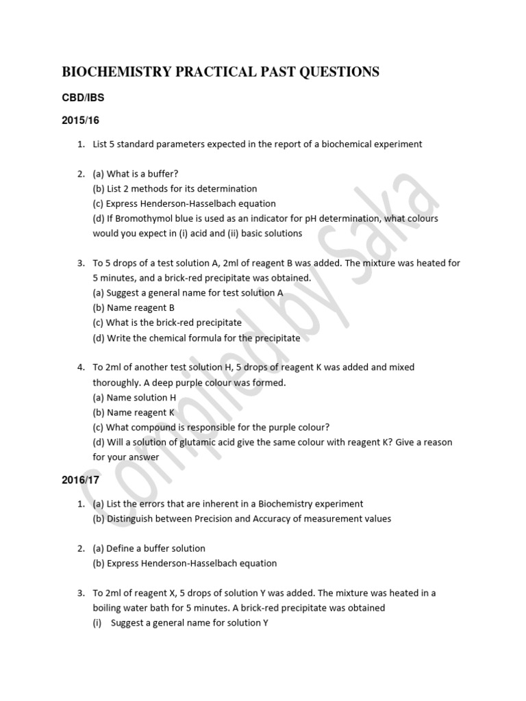 Biochemistry Practical Exam Questions | PDF | Titration | Chemistry
