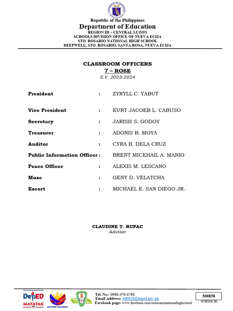 Rose Organization List of Officers 2023 Template | PDF