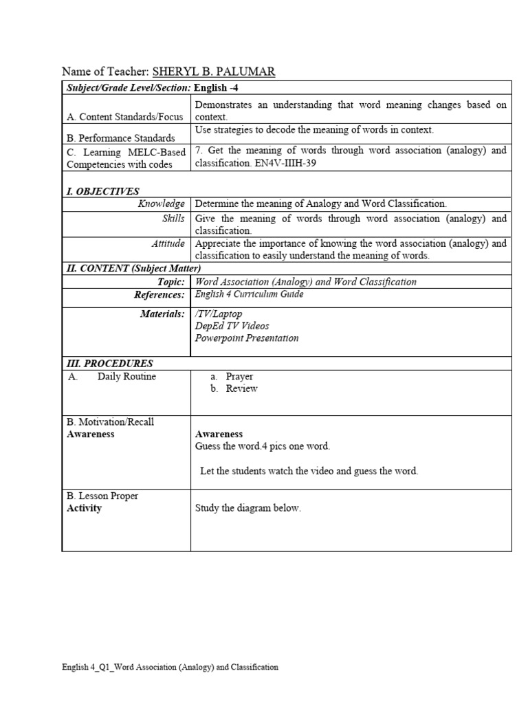 English 4 Q1 Word Analogy-Lesson Plan | PDF | Analogy | Fruit
