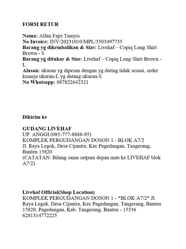 Form Retur Livehaf | PDF