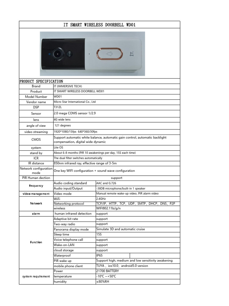 Smart Wireless Doorbell Camera WD01 Specification | PDF | Wi Fi ...