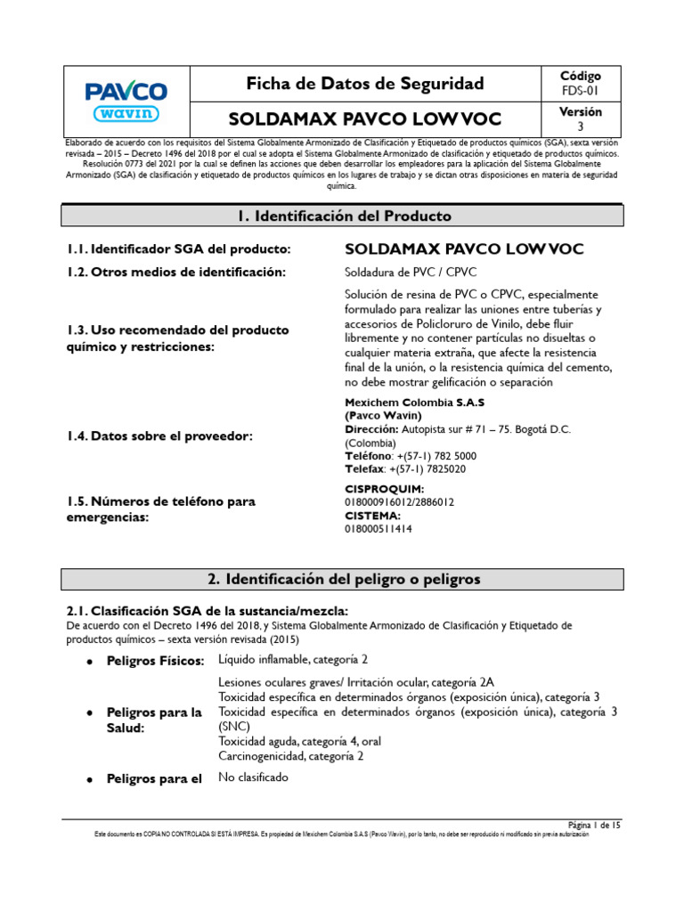 Ficha de Seguridad Soldamax Pavco Low VOC | PDF | Agua | Ciencias fisicas