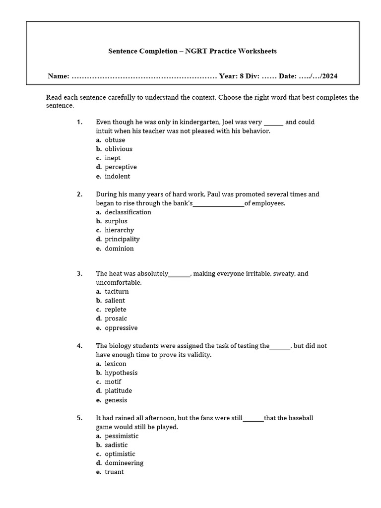 NGRT Sentence Completion Worksheets | PDF
