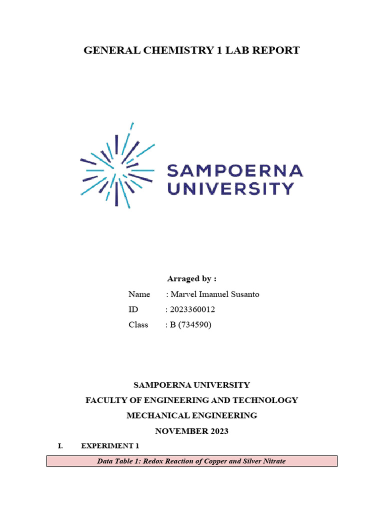 Lab Report Redox Reaction - Marvel 2023360012 | PDF | Redox | Chemical Reactions