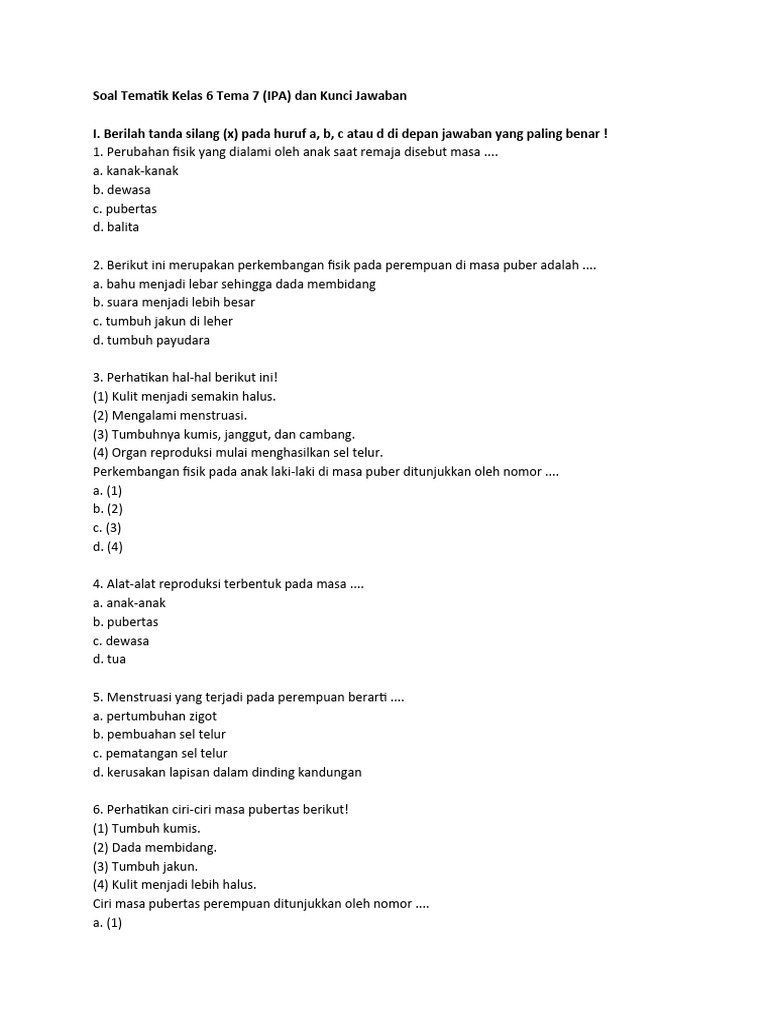 Soal IPA Kelas 6 Tema 7: Pubertas | PDF | Seni & Disiplin Bahasa | Kajian Bahasa Asing