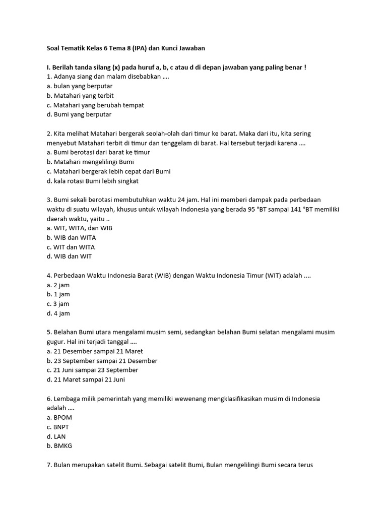 Soal Tematik Kelas 6 Tema 8 (IPA) Dan Kunci Jawaban | PDF