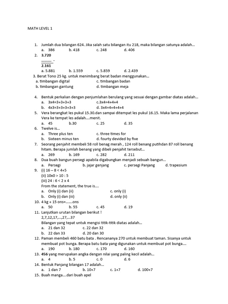 Math Level 1 - B | PDF