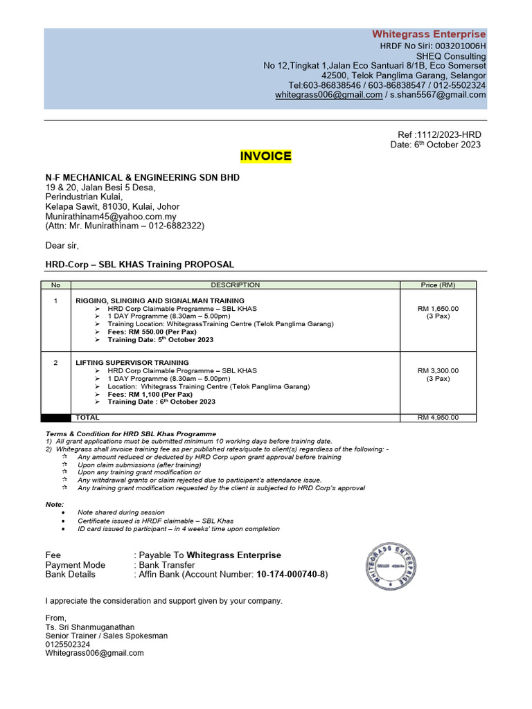 INVOICE 1112 NFL ENGINEERING HRDCORP SBL Khas TRAINING | PDF | Service ...