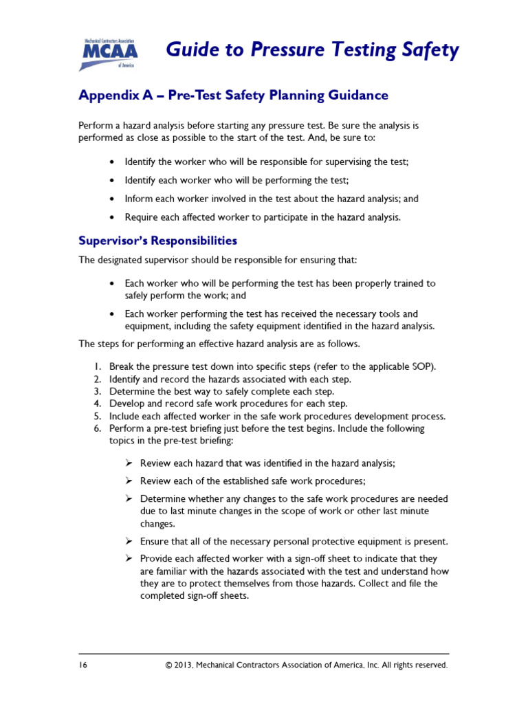 Guide To Pressure Testing Safety: Appendix A - Pre-Test Safety Planning ...