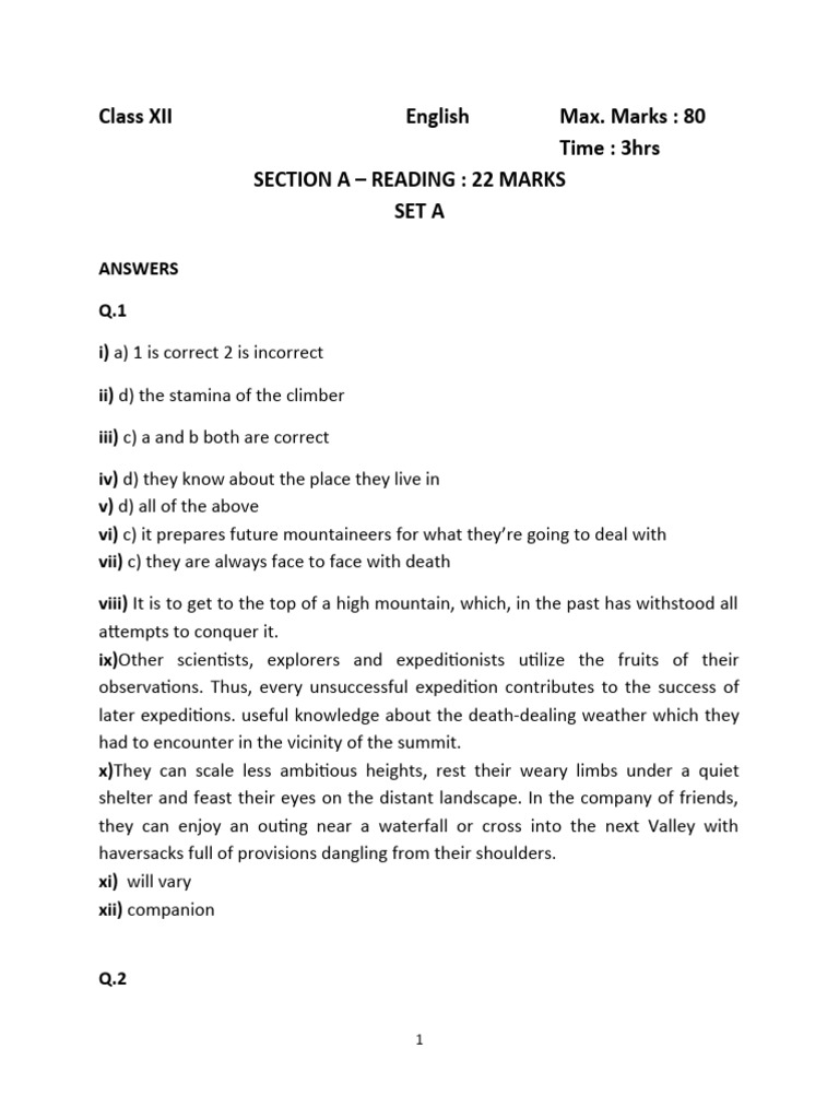 Class XII English - Set 1 - With Answers | PDF | Jupiter | Mahatma Gandhi