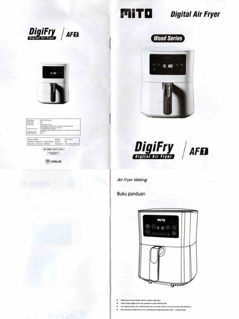 MITO AF1 Digital Air Fryer Manual Bahasa | PDF