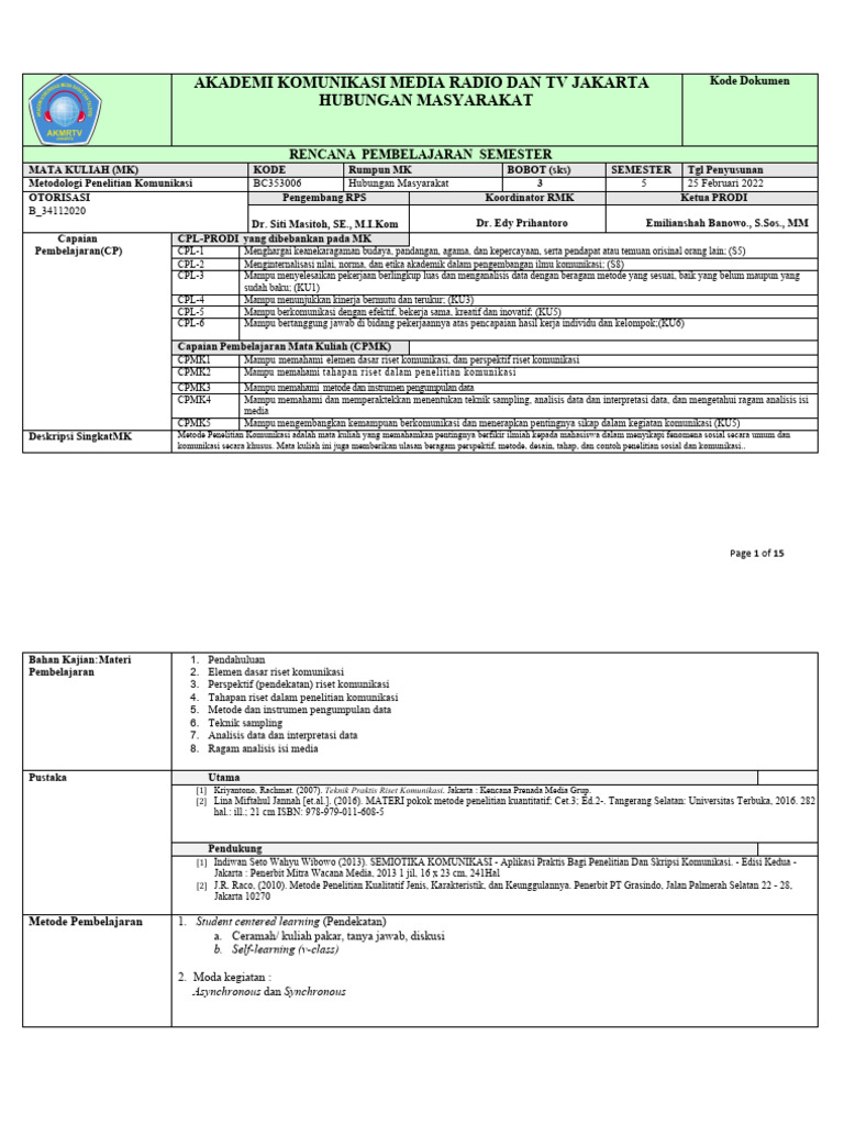 RPS - Metodologi Penelitian | PDF | Karier & Perkembangan | Seni