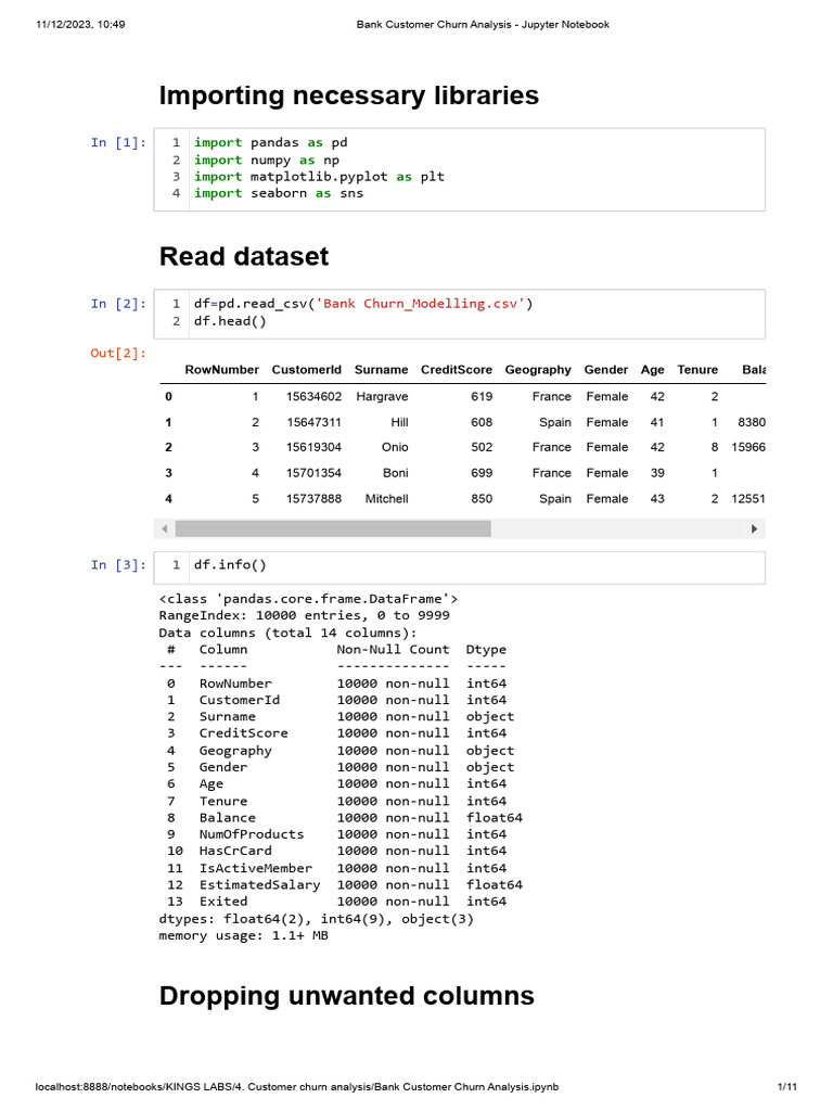 Bank Customer Churn Analysis - Jupyter Notebook | PDF
