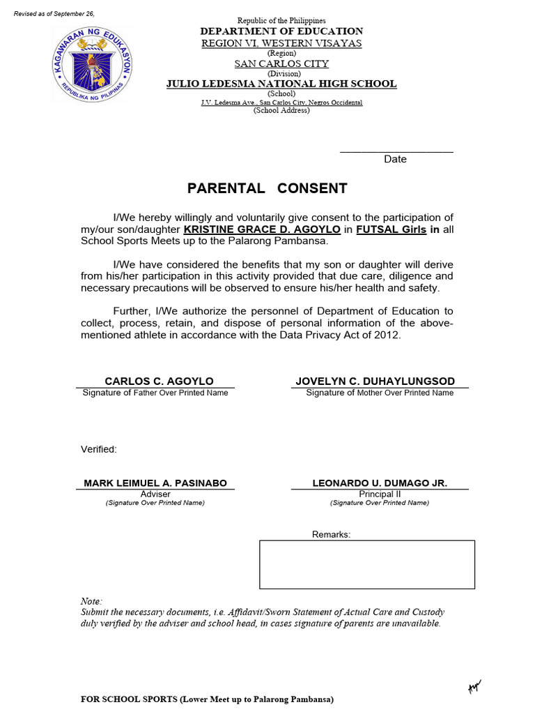 2020 Parents-Consent Revised-2 | PDF | Affidavit | Philippines