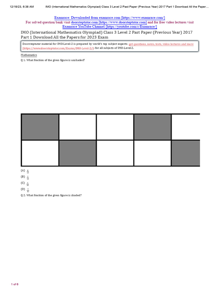 IMO Level 2 Class 3 Paper 2017 Part 1 | PDF | Mathematics