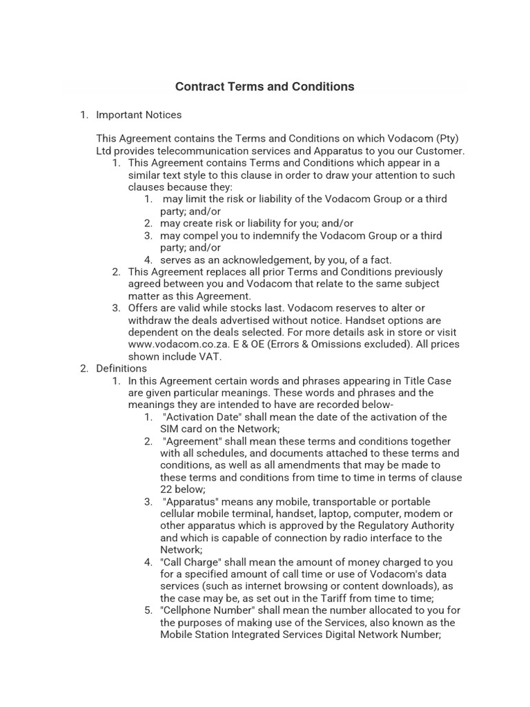 Vodacom Contract Terms Overview | PDF | Contractual Term | Legal Liability
