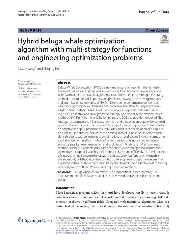 Hybrid Beluga Whale Optimization Algorithm With Multistrategy For Functions and Engineering ...