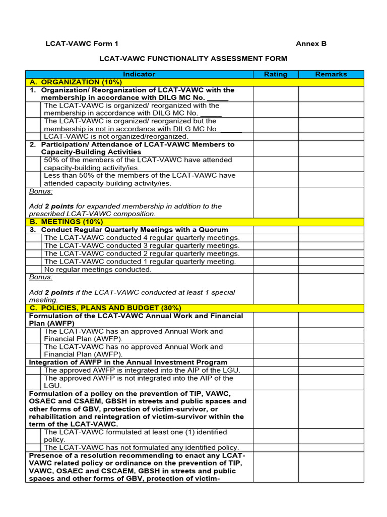 Annex B - LCAT VAWC FUNCTIONALITY ASSESSMENT FORM.10.10.23 | PDF