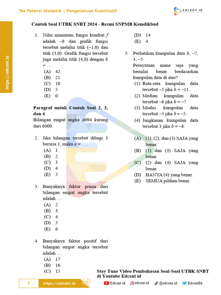 Pengetahuan Kuantitatif-Contoh Soal UTBK SNBT 2024-SNPMB | PDF | Metode & Bahan Ajar