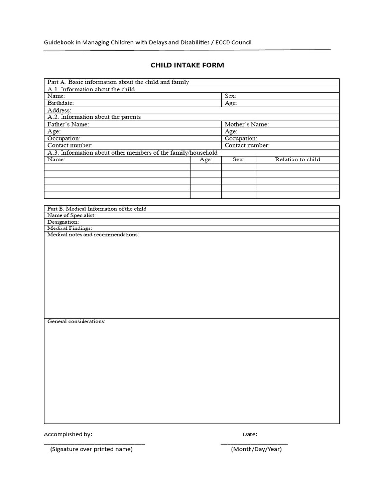 FC - Intake Form For Child | PDF | Human Life Stages | Childhood