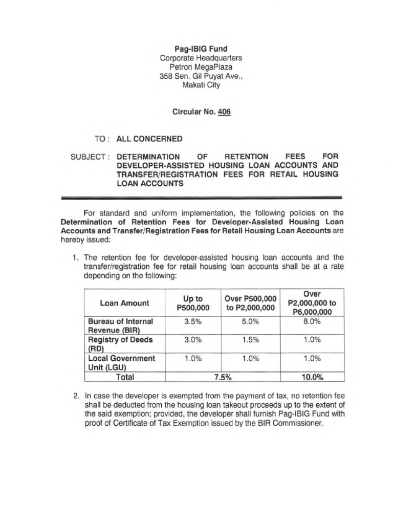 Determination of Retention Fees For Dev-Asstd HL Accts and Transfer or Reg Fees For Retail HL ...