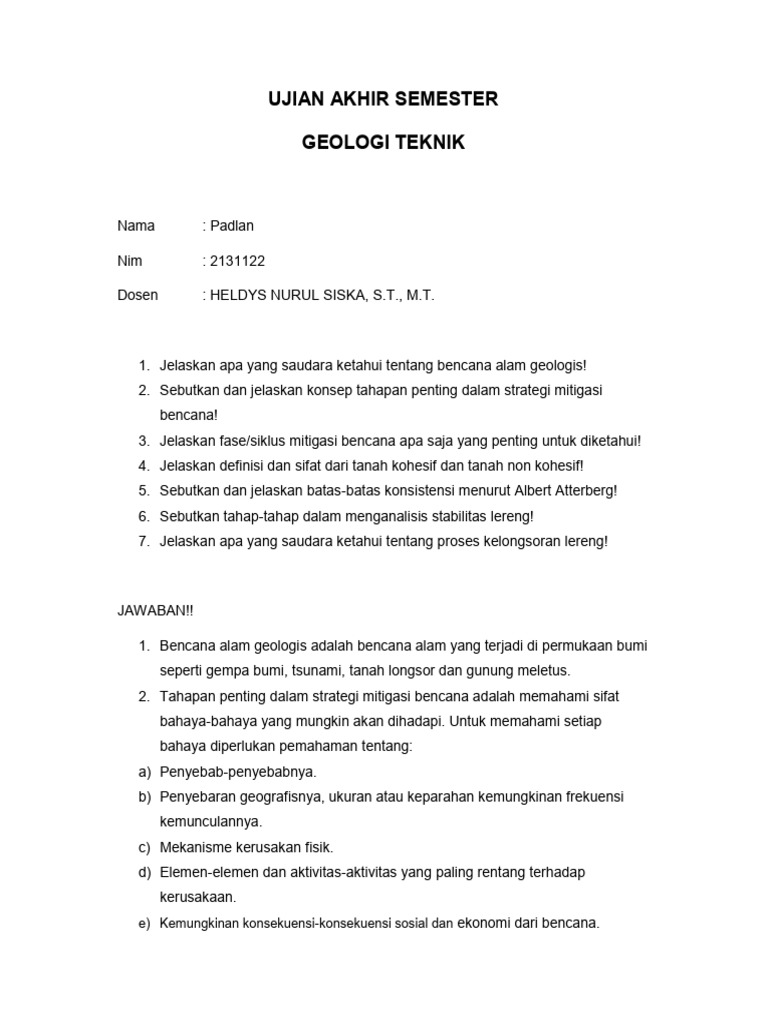 UAS Geologi Teknik - Padlan - 2131122 - S1 Teknik Sipil | PDF