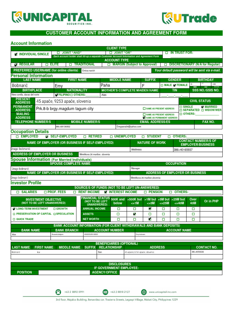 Customer Account Information and Agreement Form | Download Free PDF ...
