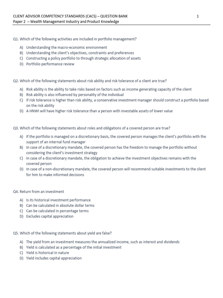 Wealth Management Exam Questions | PDF | Bonds (Finance) | Investment Fund