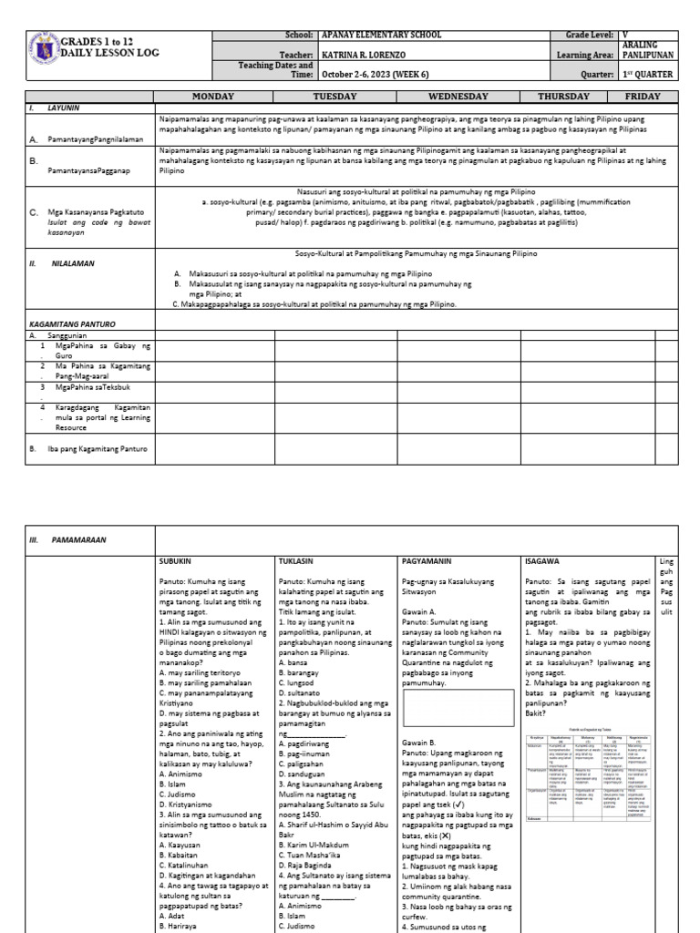 DLL - Araling Panlipunan 5 - Q1 - W6 | PDF