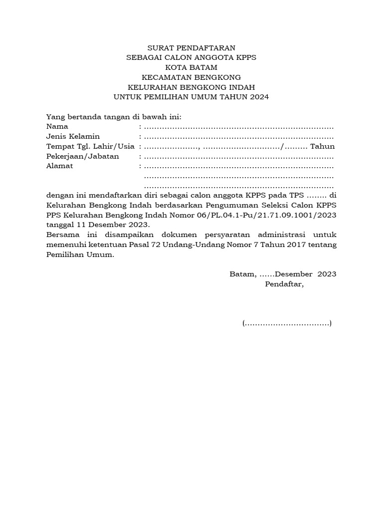 Surat Pendaftaran Dan Pernyataan KPPS | PDF