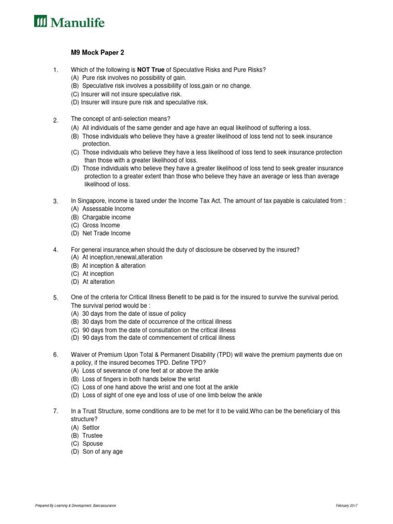 M9 Mock Paper 2 | PDF | Insurance | Life Insurance