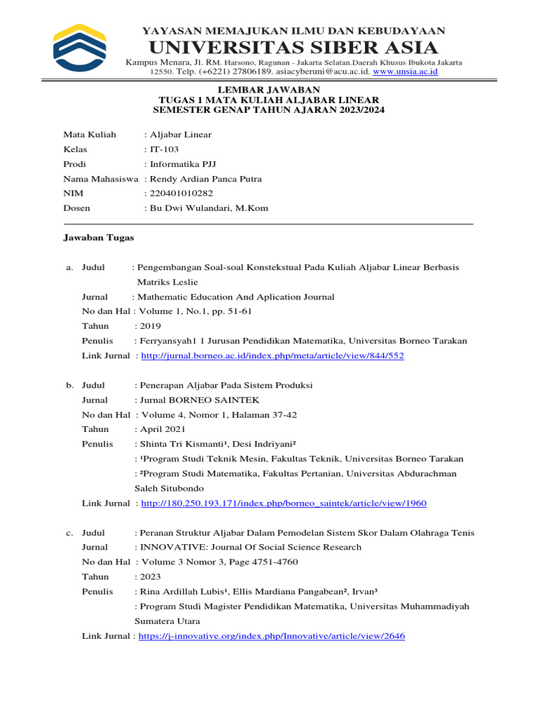 TUGAS1 - ALJABAR - Rendy Ardian | PDF | Matrix (Mathematics) | Algebra