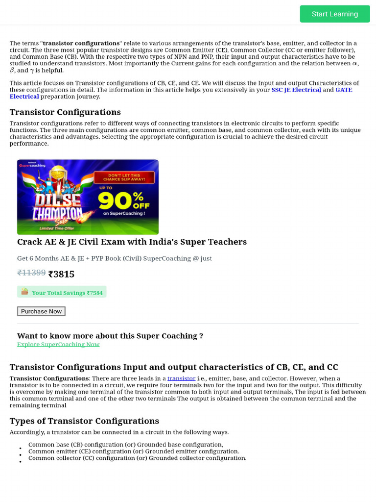 Transistor Configurations - CB, CE, and CC With Characteristics | PDF