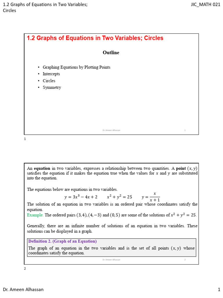 1.2 Graphs of Equations in Two Variables Circles | PDF
