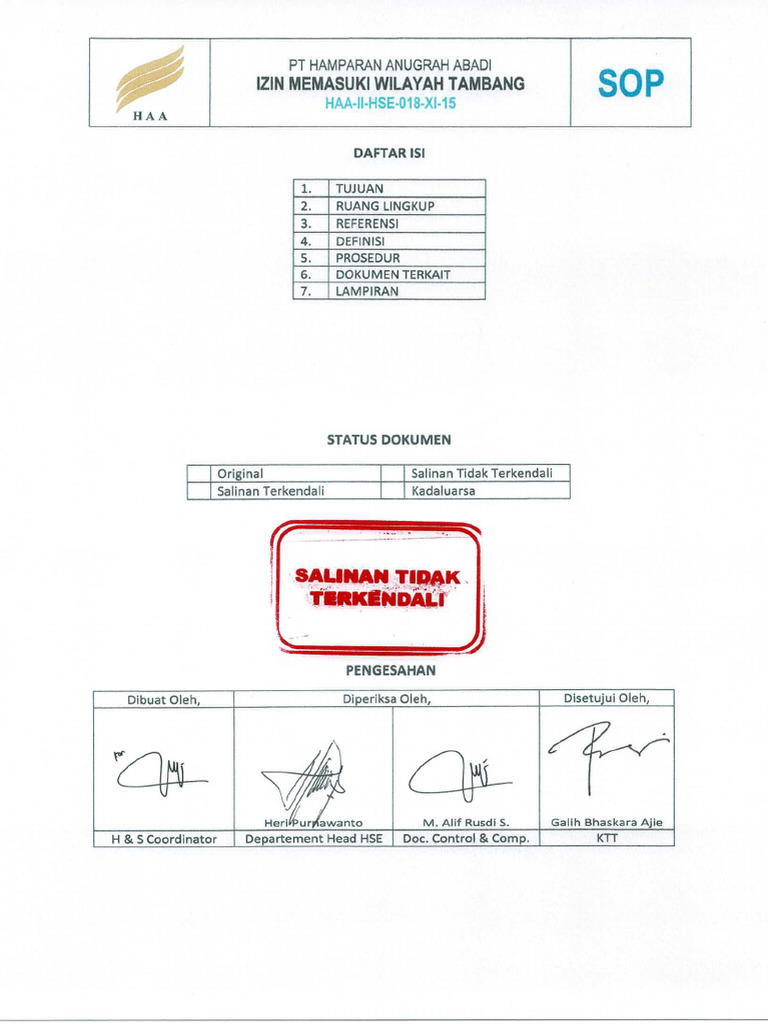 HAA-II-HSE-018-XI-15 Izin Memasuki Wilayah Tambang_STT | PDF