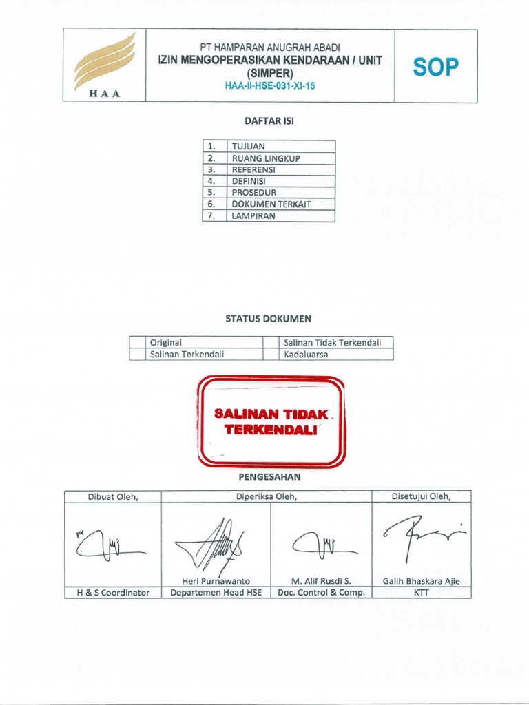 HAA-II-HSE-031-XI-15 Izin Mengoperasikan Kendaraan-Unit SIMPER_STT | PDF