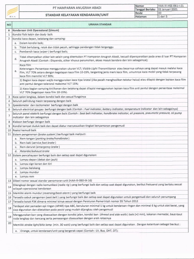 HAA-III-HSE-061-I-21STD Kelayakan Kendaraan | PDF