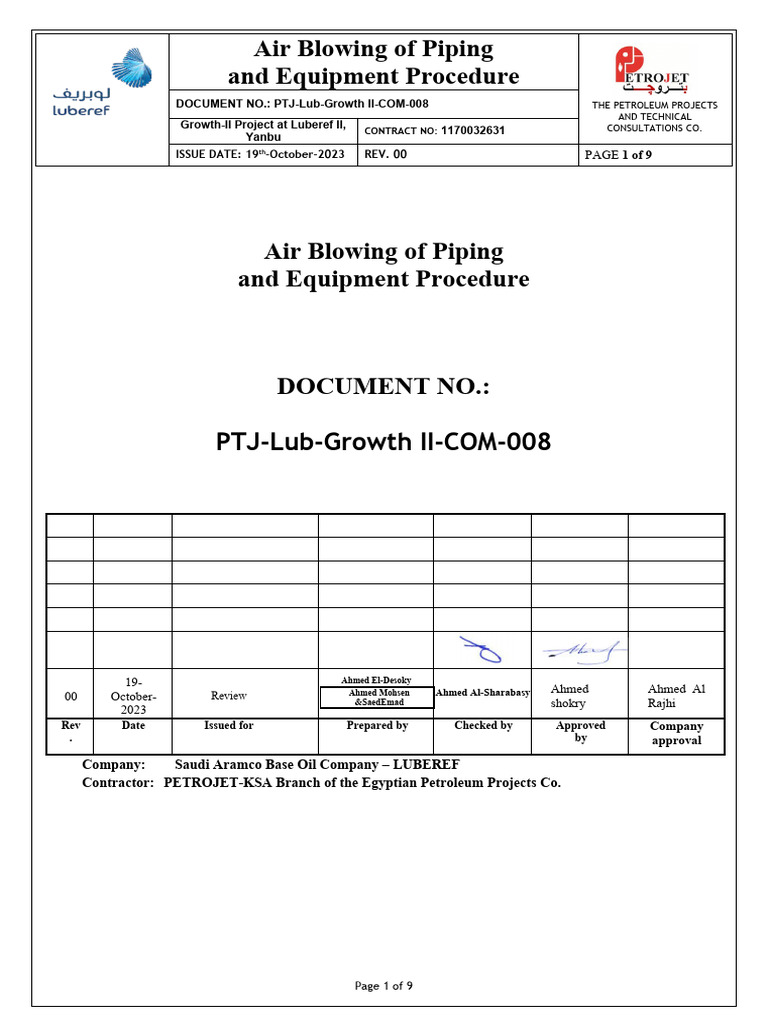Air Blowing of Piping (PTJ-Lub-Growth II-COM-008) Rev.01 | PDF | Valve ...
