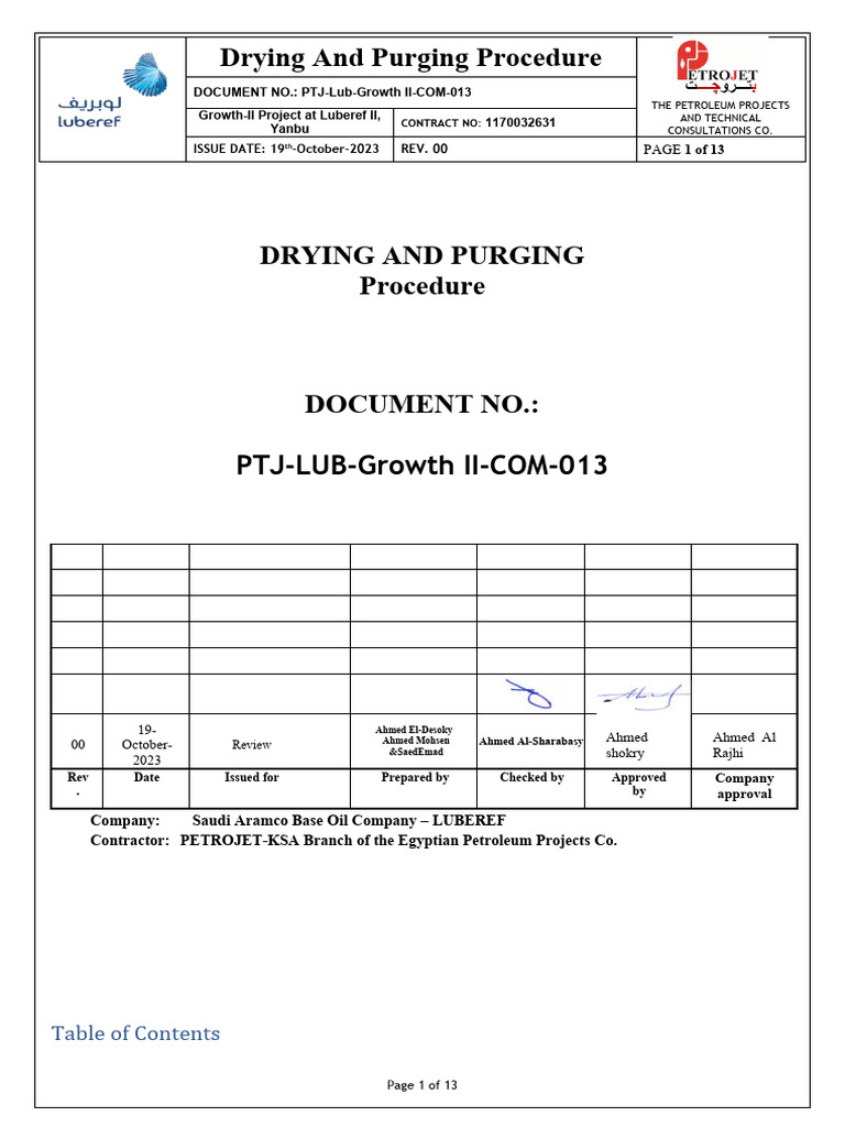 Drying and Purging Procedure (PTJ-Lub-Growth II-COM-013) Rev.0 | PDF ...