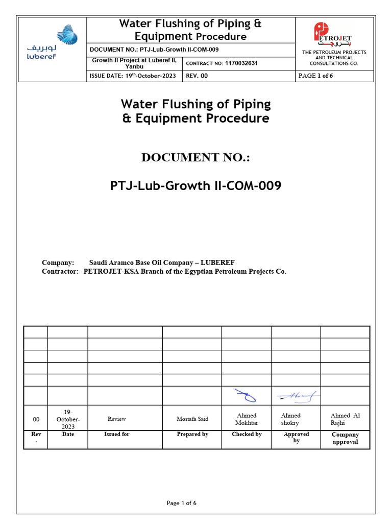 Water Flushing of Piping and Equipment) PTJ-Lub-Growth II-COM-009) Rev ...