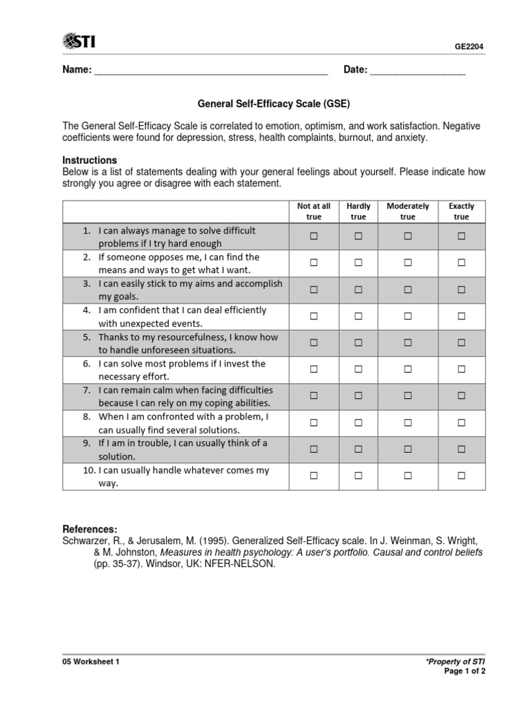 05 Worksheet 16 | PDF | Self Efficacy | Subjective Experience