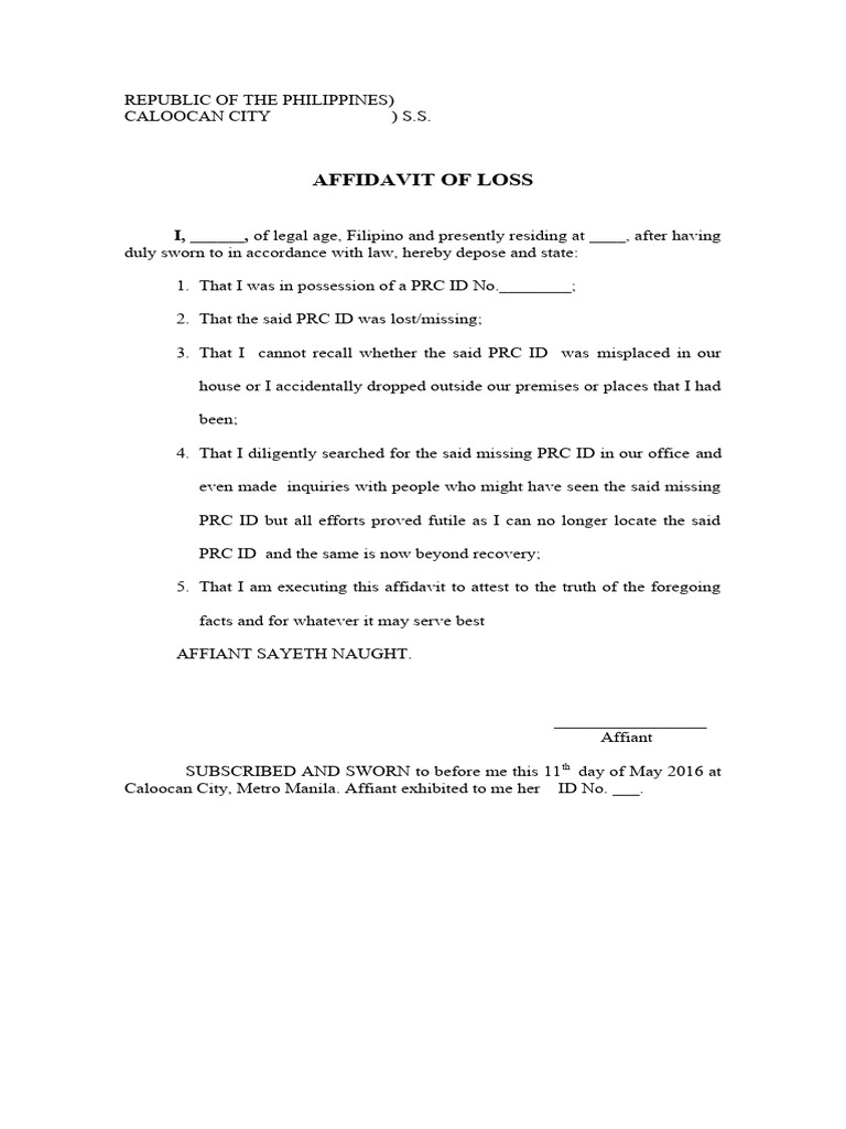Affidavit of Loss for PRC ID | PDF | Social Science | Law