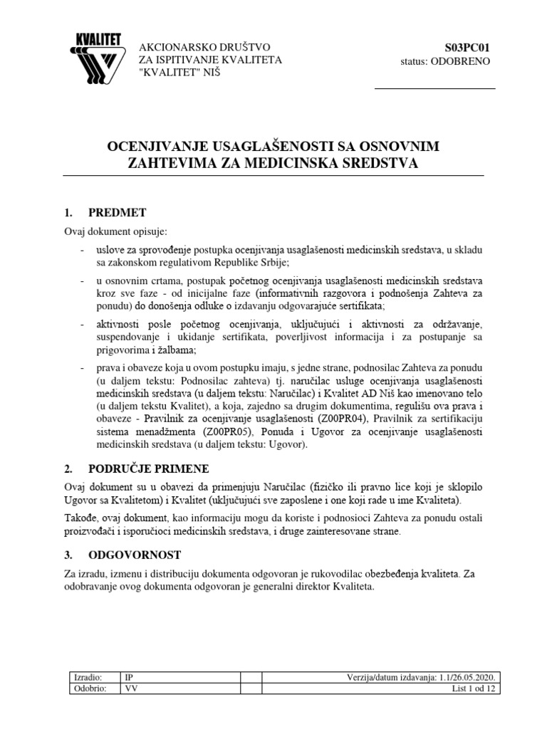 S03PC01 v1.1 OCENJIVANJE USAGLAŠENOSTI SA OSNOVNIM ZAHTEVIMA ZA MEDICINSKA SREDSTVA | PDF